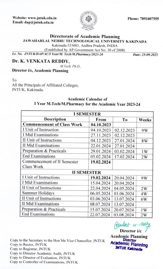 Academic Calendars - JNTUK Narasaraopeta